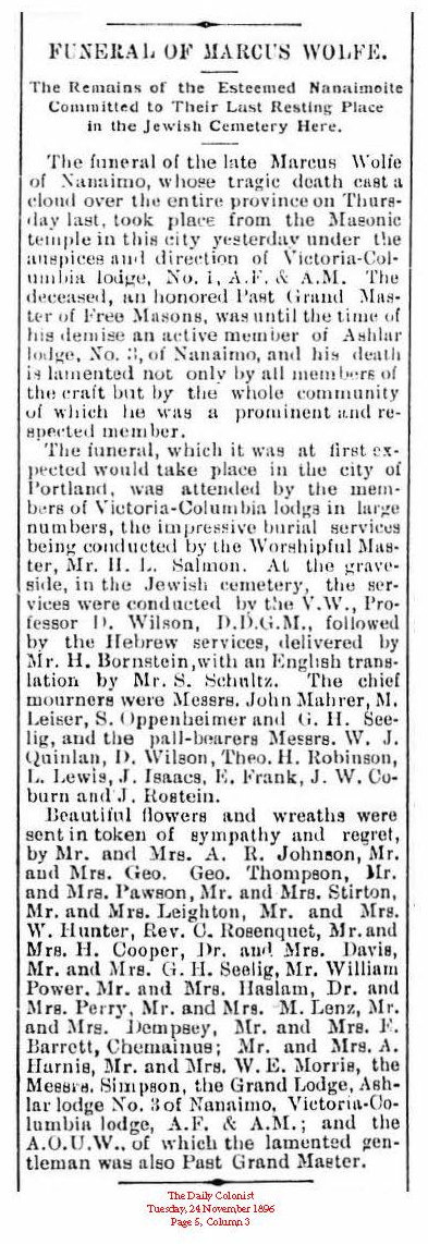 Marcus Wolfe – The Jewish Cemetery of Victoria, British Columbia