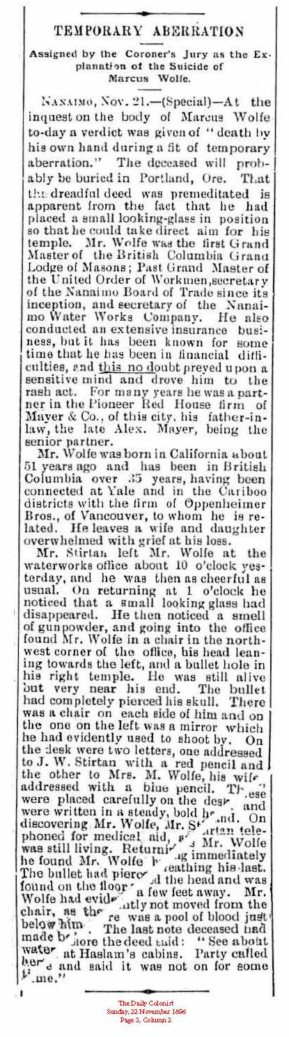 Marcus Wolfe – The Jewish Cemetery of Victoria, British Columbia