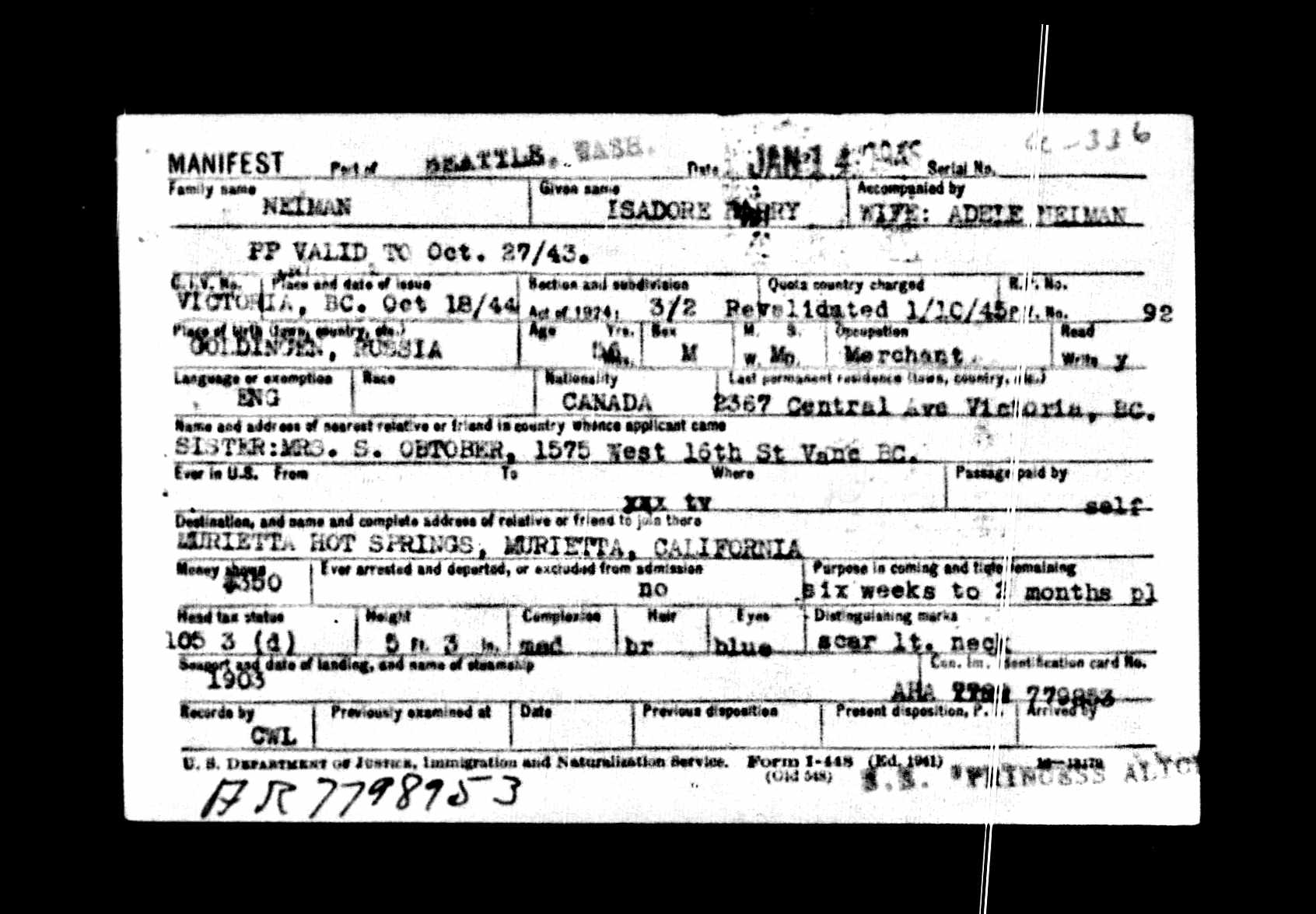 Harry Neiman – The Jewish Cemetery of Victoria, British Columbia